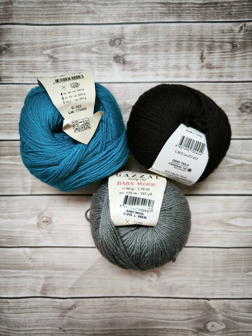 Пряжа Gazzal Baby wool, цвета черный, серый, темная бирюза, набор 3 мотка, вес мотка 50 гр, длина нити 175 м / Газзал беби вул