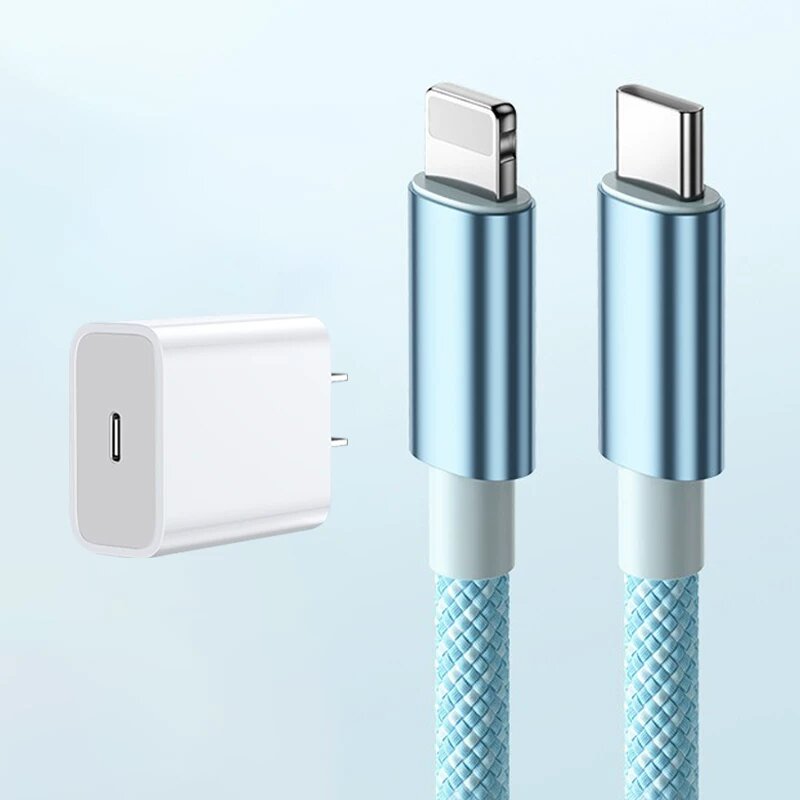 20 Вт PD быстрая зарядка + синий толстый оплетенный кабель Apple USB-C 1.5 м для iPhone 15/14/13 Pro Max