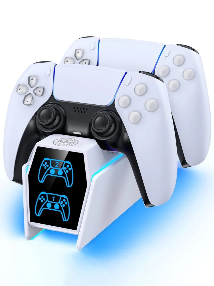 Беспроводная док-станция для 2 контроллеров PS5, совместима с DualSense и Edge, 9 режимов подсветки, LED-индикатор и выключатель