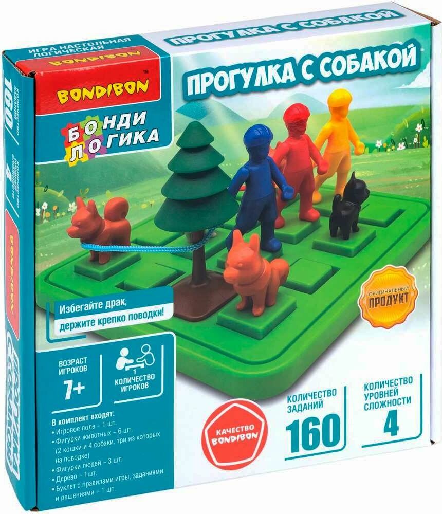 Детская логическая настольная игра "БондиЛогика Прогулка с собакой", игра-головоломка, нейротренажер 4 уровня сложности, набор с игровым полем и фигурками животных