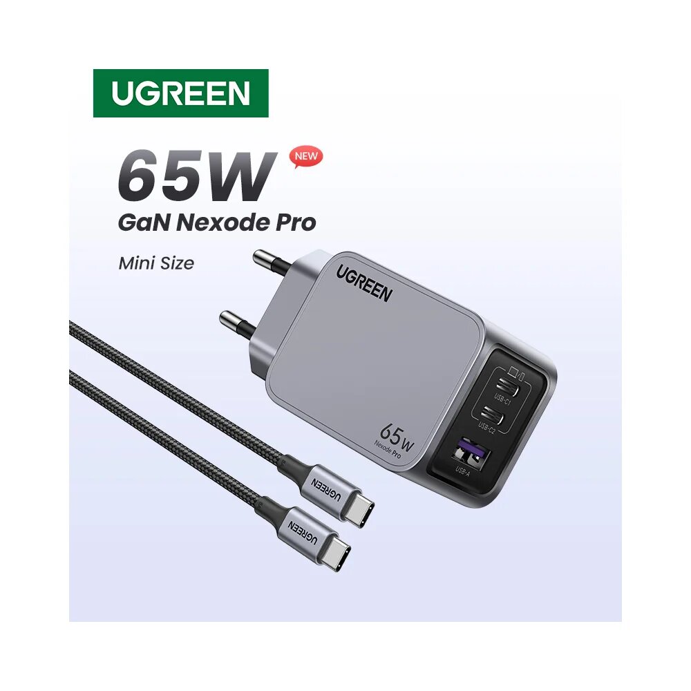 Сетевое зарядное устройство Ugreen X755 Nexode Pro 65W 3-Port GaN Fast Charger EU с кабелем 100W. Длина кабеля: 1м. Цвет: серый 25871
