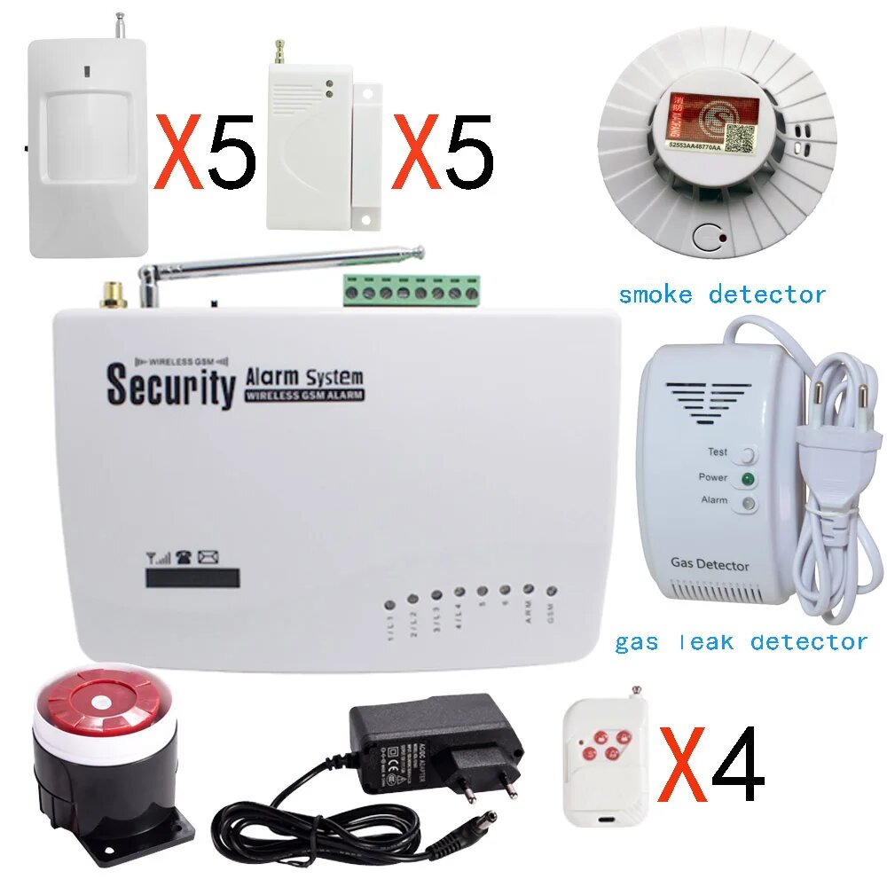 Двухантенные системы безопасности GSM-сигнализации 2G для самозащиты, антивандальных беспроводных датчиков контакта двери, детекторов движения PIR, дымовых сигнализаций - набор D