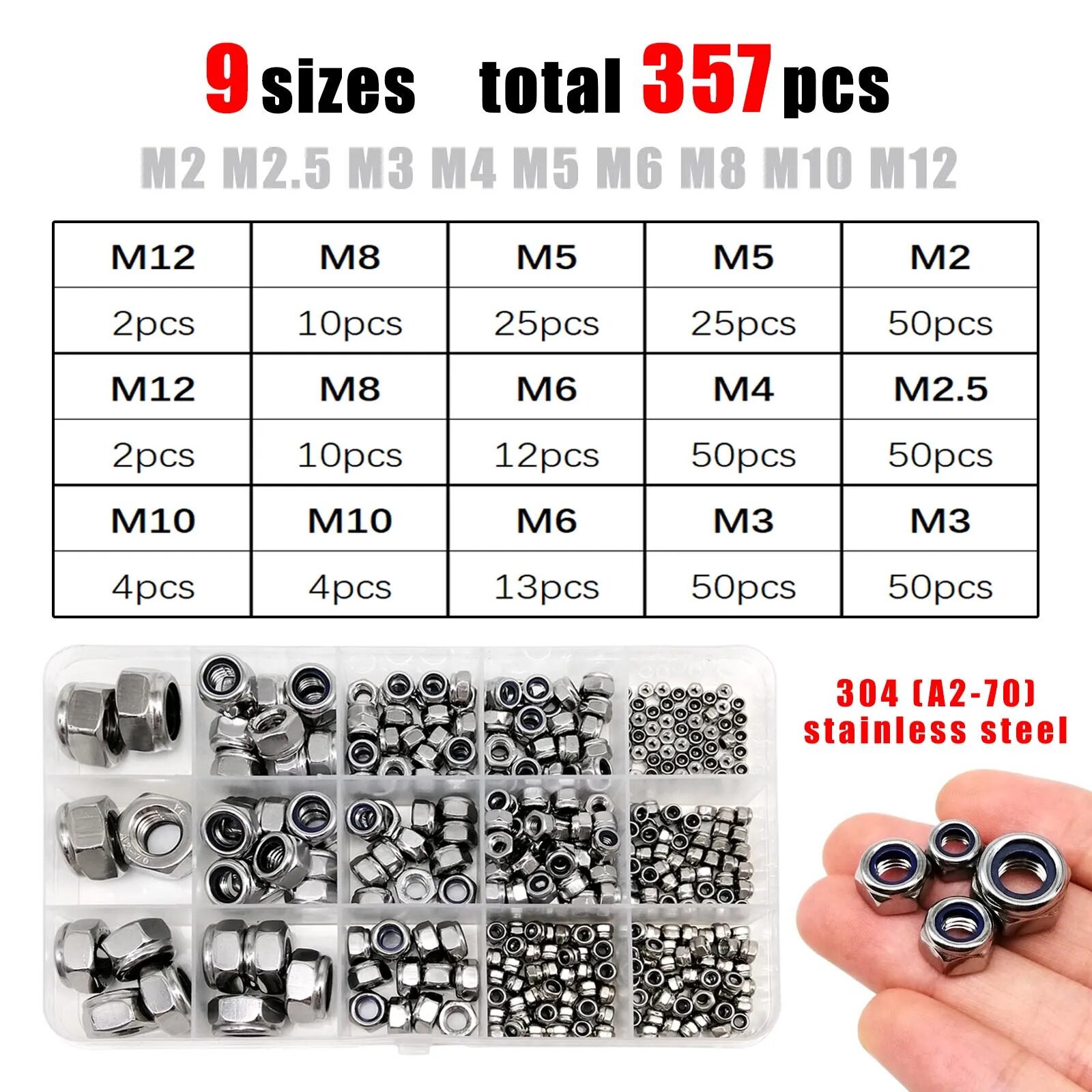 Набор гаек Michastu M2-M12, нержавеющая сталь, 357pcs