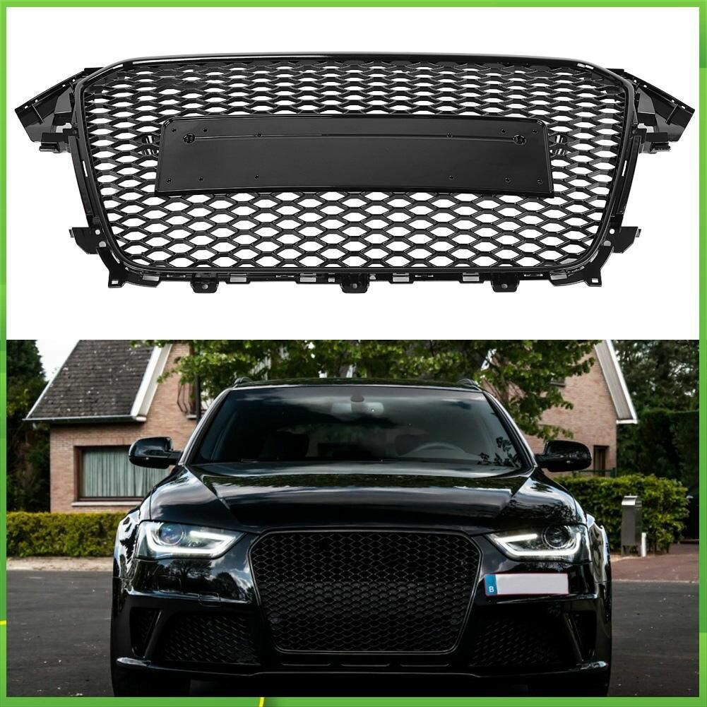 Сотовая решетка для Audi A4/S4 B8.5 2013-2016 глянцевая черная из ABS в стиле RS4 — прямая замена, съемный номер