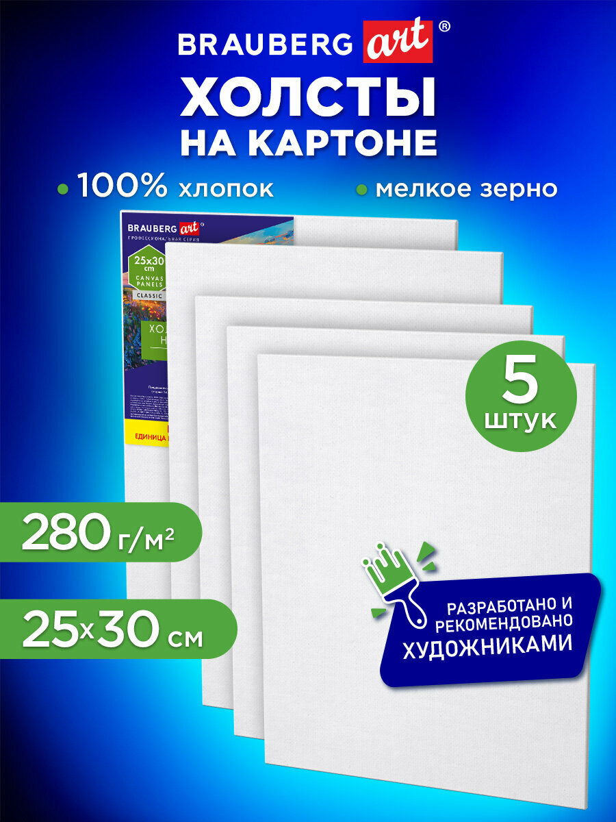 Холст для рисования на картоне маленький 25x30 см набор 5 штук, 280 г/м2, грунт, хлопок, Brauberg Art Classic, 192652