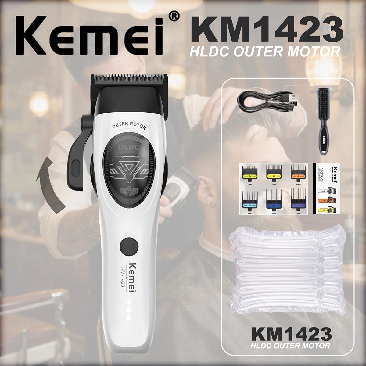 Kemei KM-1423 Беспроводная машинка для стрижки волос, White Nobox