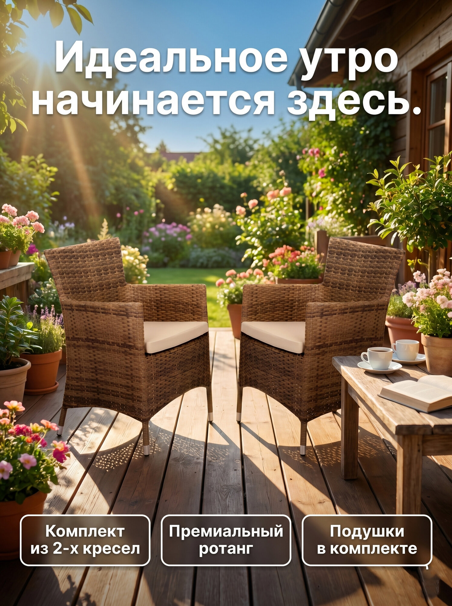Садовые кресла из искусственного ротанга Пьяцца (капучино), комплект плетеной мебели из 2 шт.