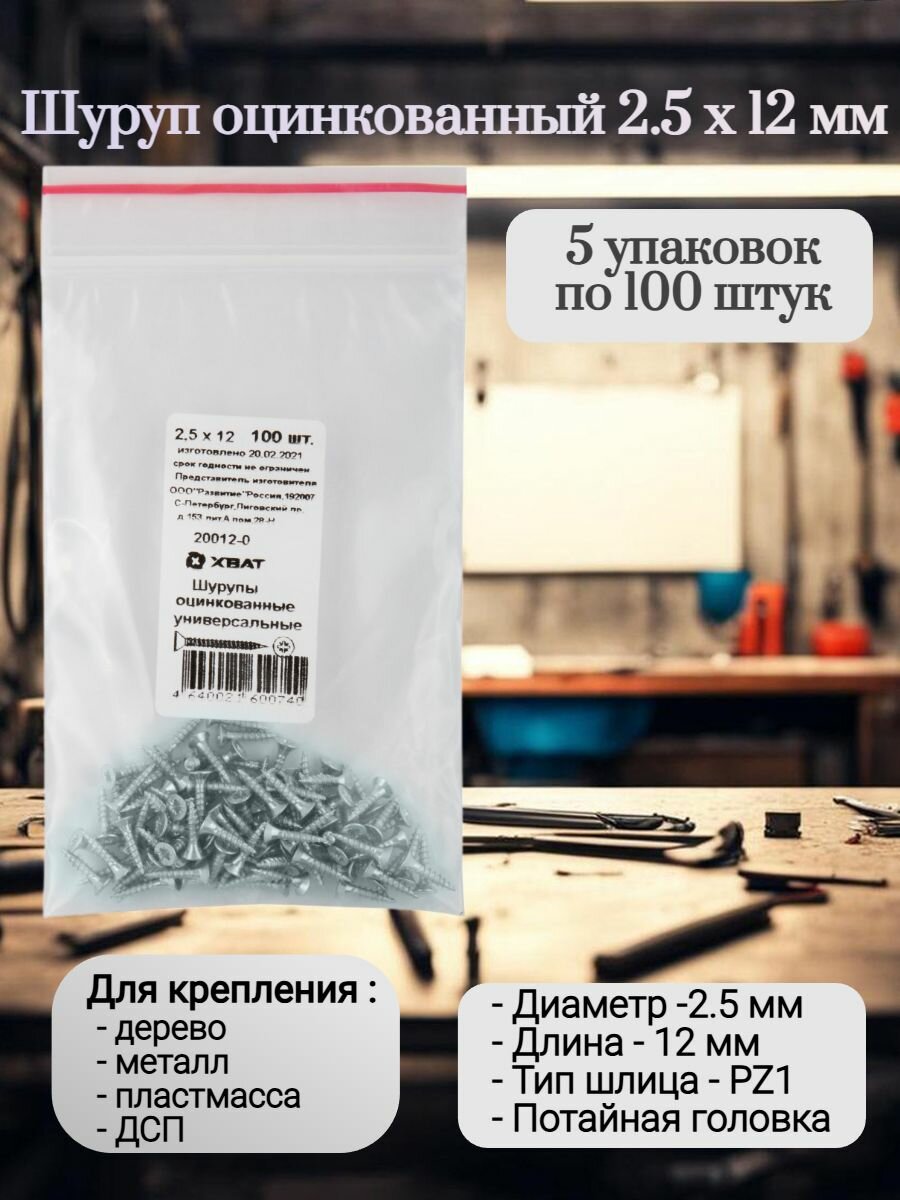Хват Шурупы оцинкованные, универсальные 2,5 х 12 мм - 5 упаковок по 100 штук