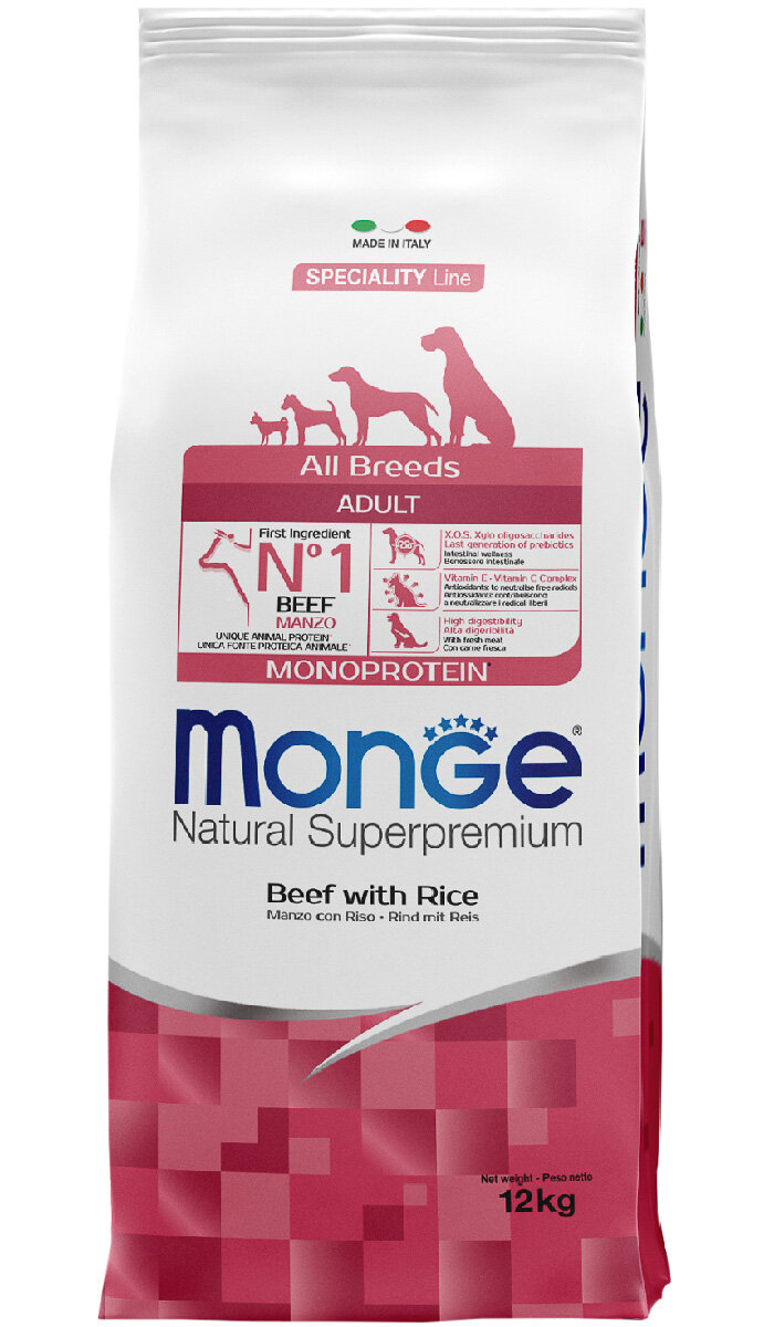 Корм сухой Monge Speciality Dog Beef монобелковый для взрослых собак всех пород, говядина, рис, 12 кг