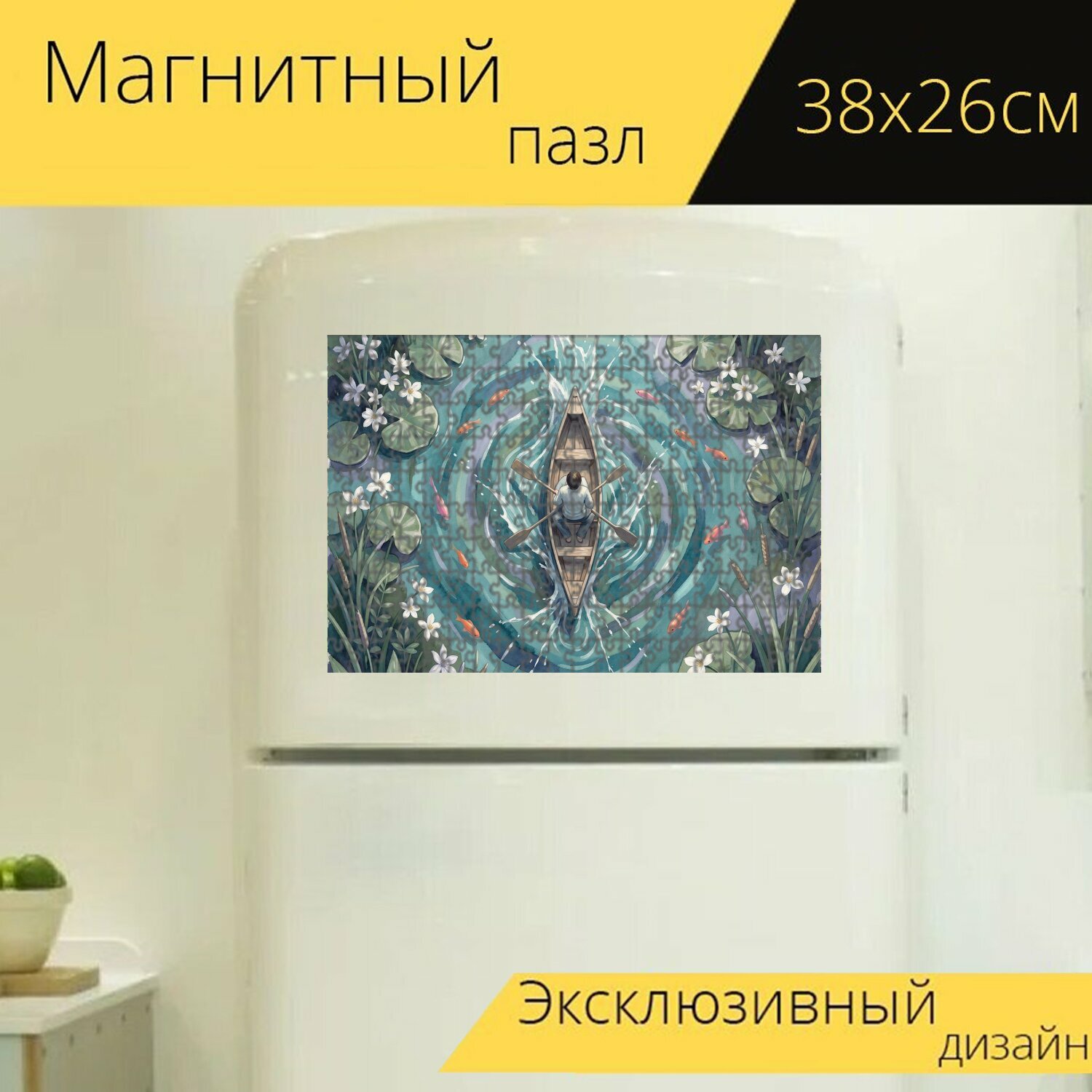 Магнитный пазл "Лодка на водной глади. Мягкая акварельная иллюстрация: человек в деревянной лодке среди бирюзовых водных кругов, кувшинок, белых цветов и." для интерьера, 38х26 см.