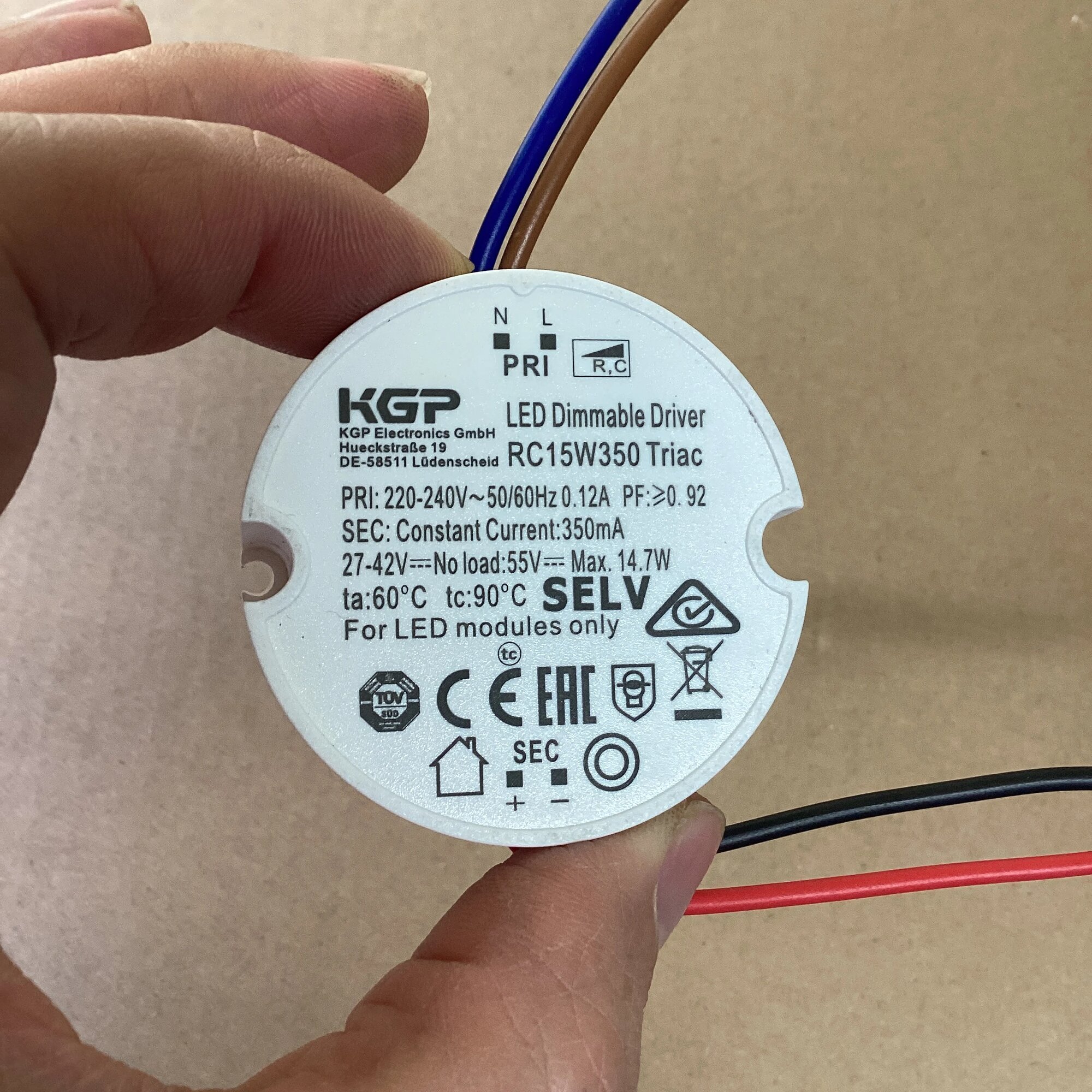 LED драйвер KGP RC15W350 Triac 15W 30-42V 350mA