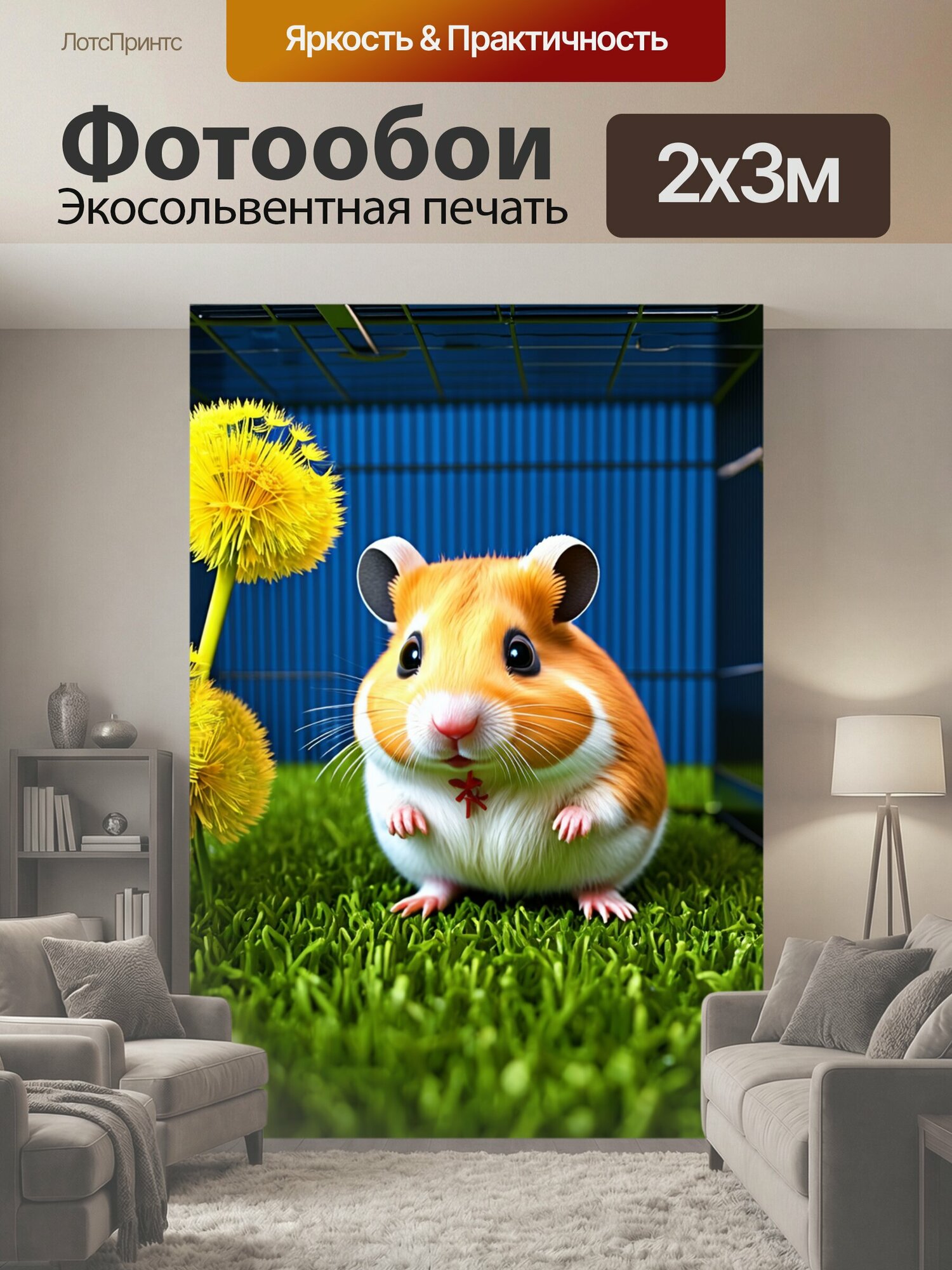 Фотообои "Хомячок, играющий с пушистыми одуванчиками в клетке, изображенный в технике 3d-моделирования. яркие и объемные детали делают." 200x300 см. экосольвентная печать