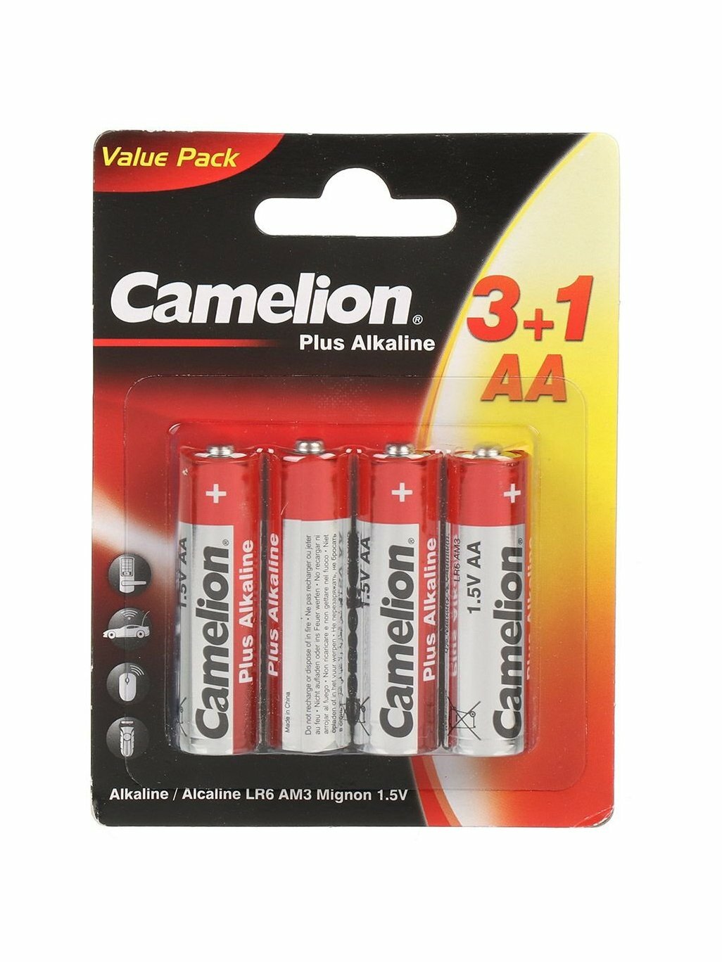 Батарейки Camelion Alkaline Plus AA LR6 1.5В, щелочные пальчиковые элементы питания, набор 4 штуки (3+1), блистер, 15545