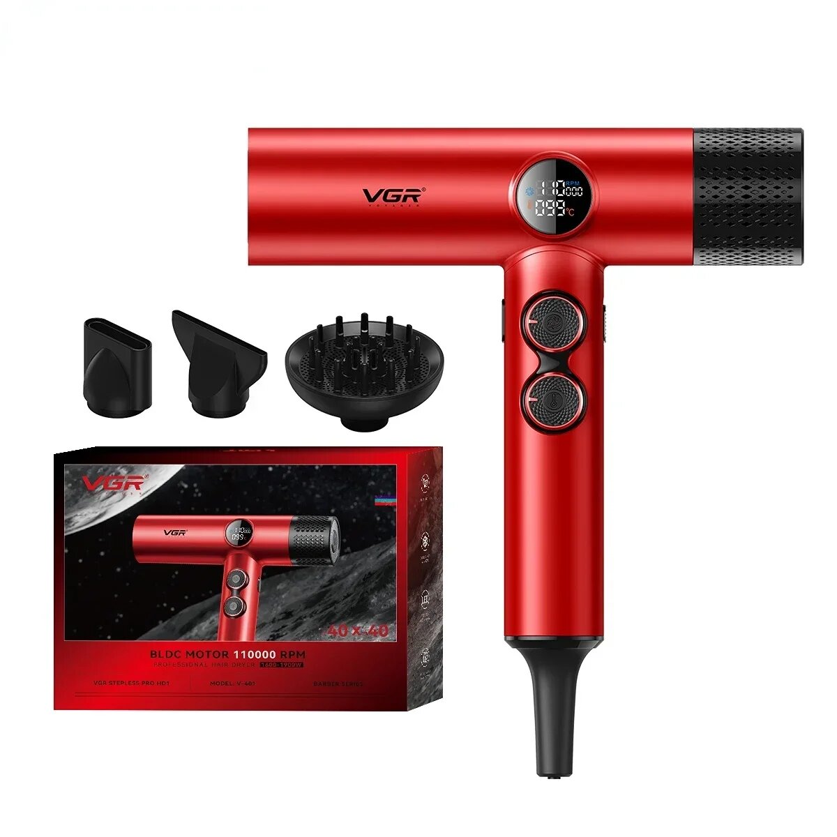 Фен для волос VGR Professional Air Blower с вращением 110000 об/мин, двигатель BLDC, для салонов красоты и домашнего использования, модель V-401-red