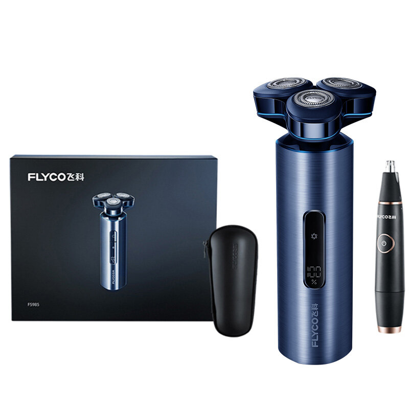 Электробритва роторная мужская FLYCO FS985, FS985 Blue+Storage Box+Nose Hair Trimmer Gift Box Set