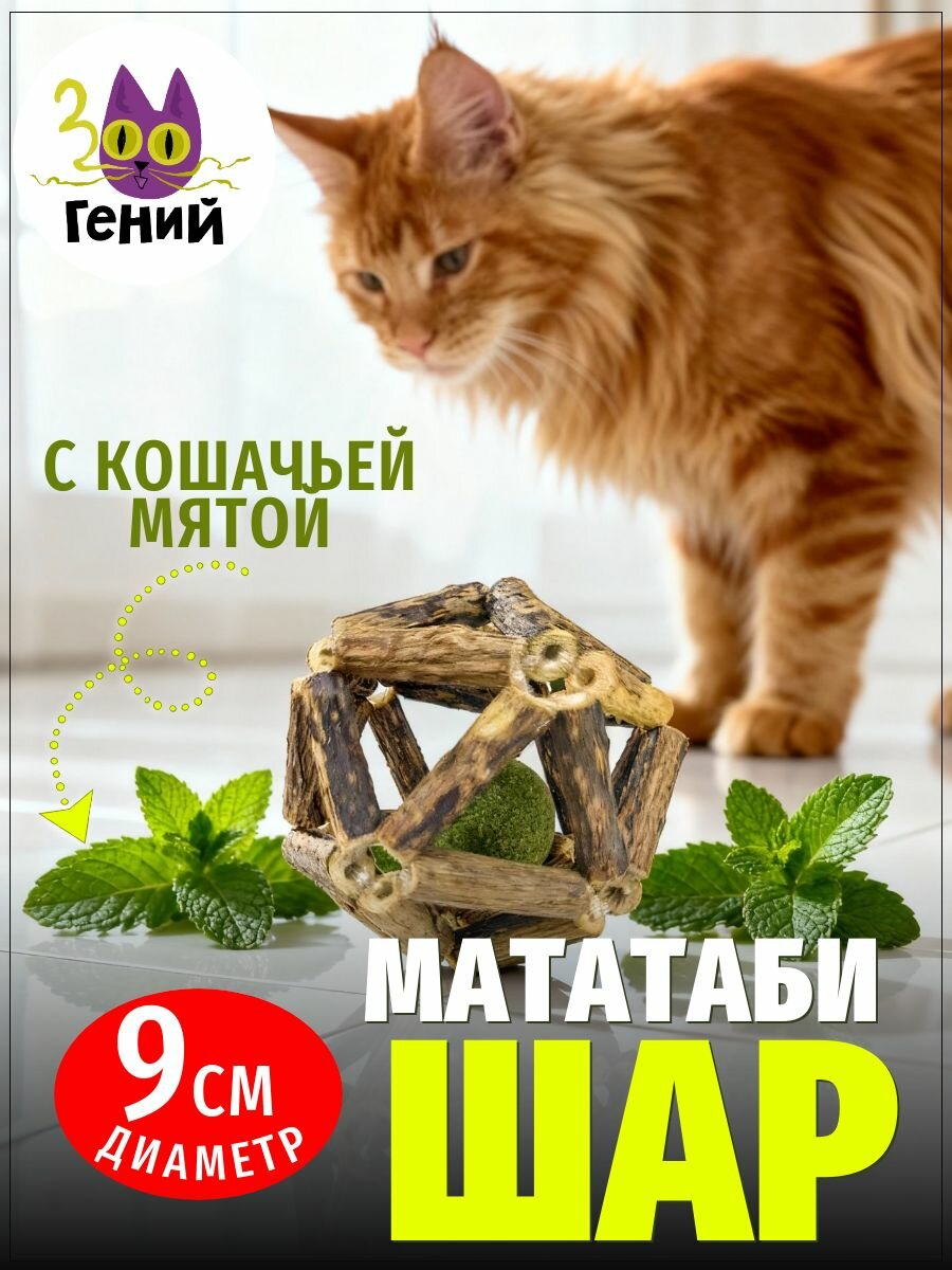 Игрушка для кошек Зоогений "Мататаби", жевательная, для зубов, в виде шарика, 90мм