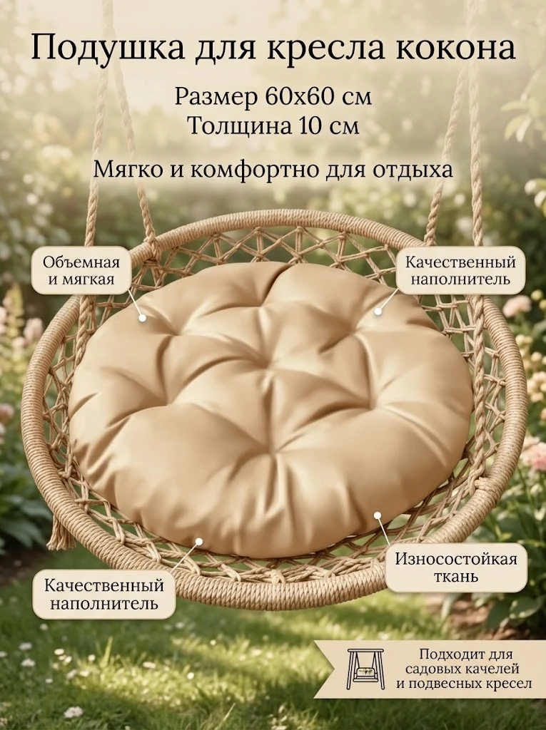Подушка на подвесные качели BIO-TEXTILES "лофт", бежевая 60*60*10 холлофайбер