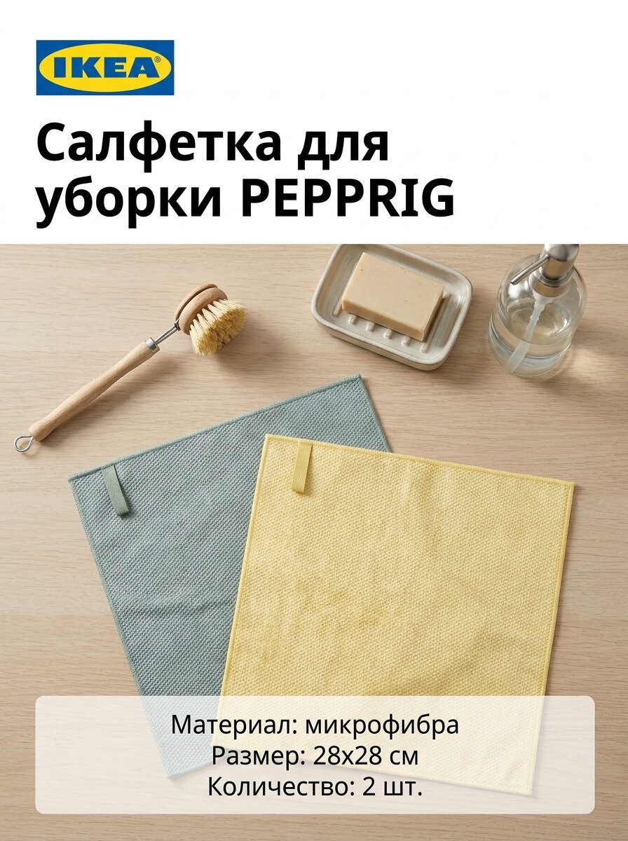 Салфетка для уборки PEPPRIG, микрофибра, 28x28 см, 2шт