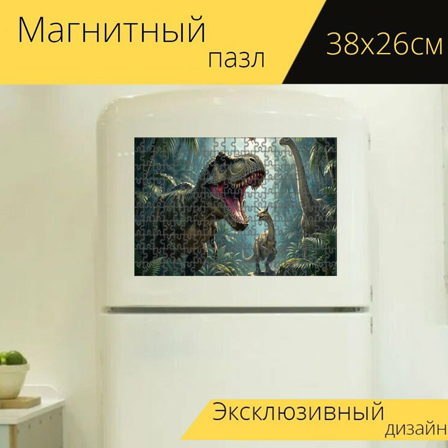 Магнитный пазл "Динозавры в тропических джунглях. Захватывающая сцена с хищным ящером и длинношеими доисторическими великанами среди густой тропической." для интерьера, 38х26 см.