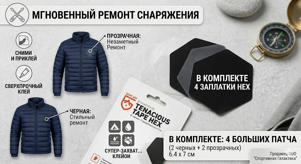 Gear Aid комплект заплаток Tenacious Tape - Repair Patches Hex Black + Clear