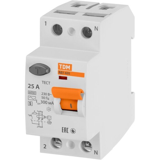 Устройство защитного отключения (УЗО) Tdm Electric ВД1-63S 2Р 25А 300мА (SQ0203-0053)