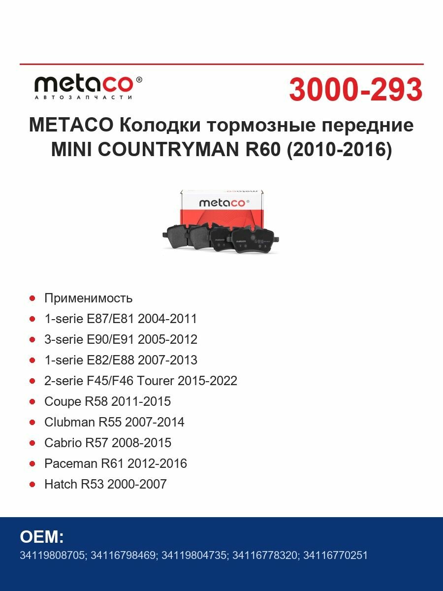 METACO Колодки тормозные передние MINI COUNTRYMAN R60 (2010-2016)