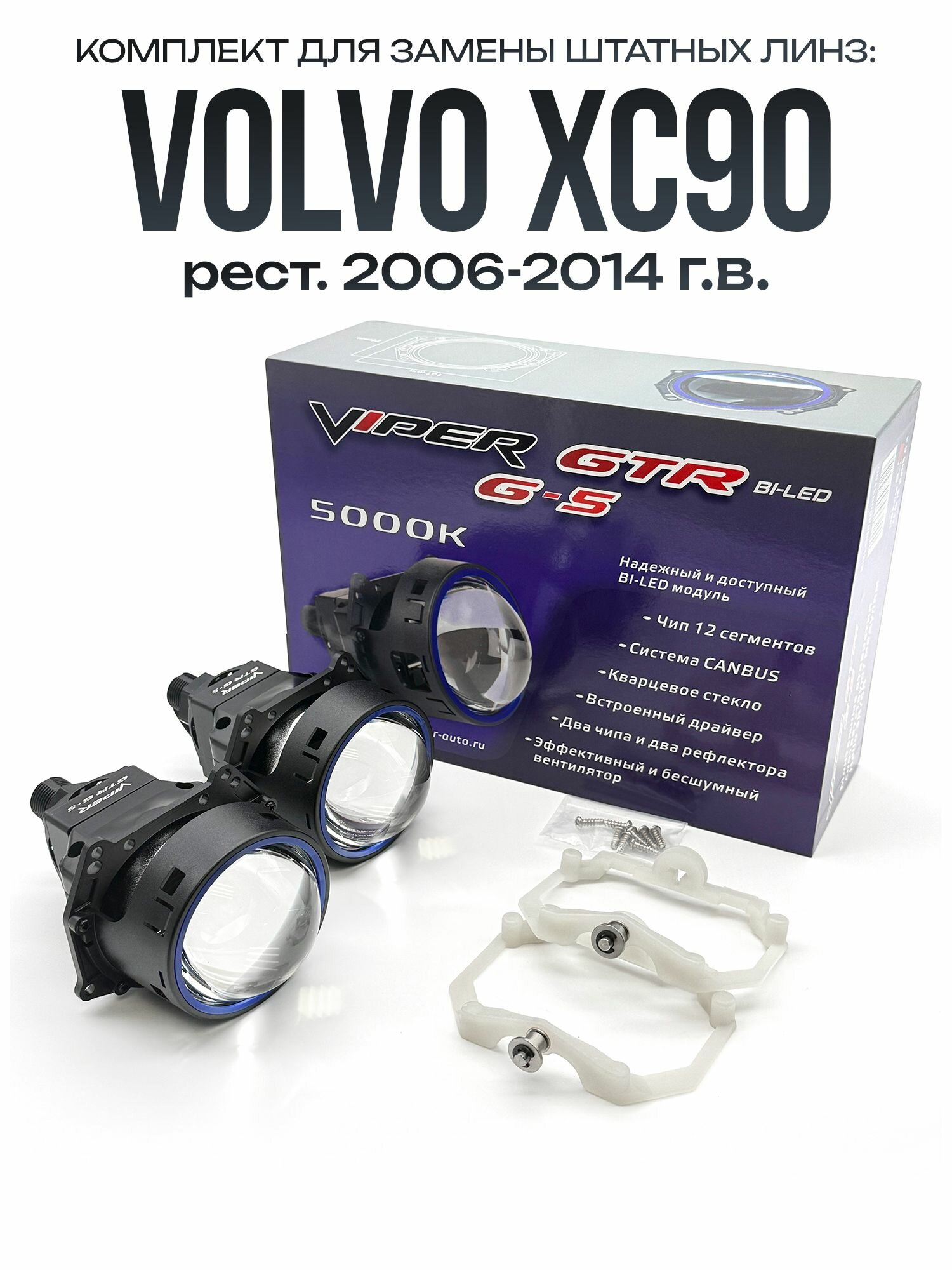 Светодиодные линзы bi-led Viper GTR G5 75W для AFS фар Volvo XC90 2006-2014 / Билед модули Вайпер ГТР + рамки на адаптив Вольво ХС90