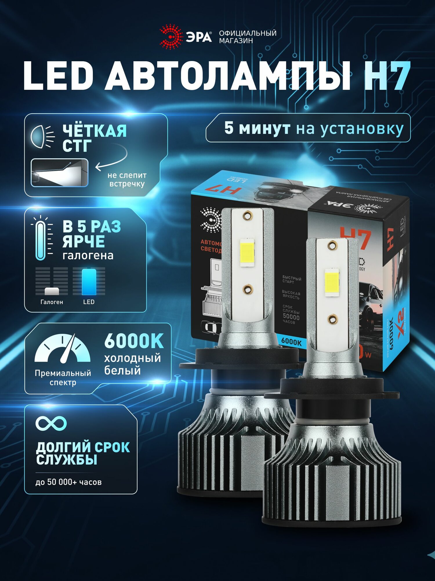 Лампа автомобильная ЭРА H7 Z3 светодиодная для фар, автолампы 10-30V 60W 6000K, яркий белый свет, 2 штуки