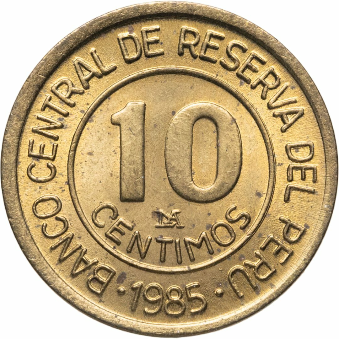 Перу 10 сентимо centimos 1985, Латунь, в сохранности UNC