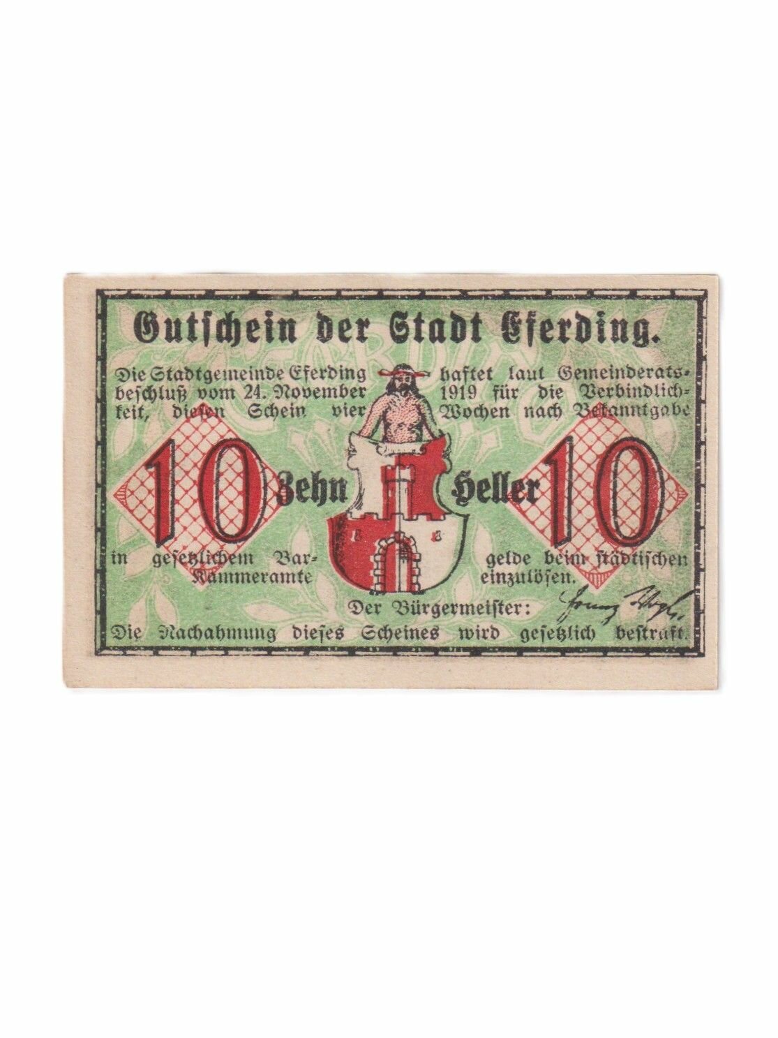 Подлинная банкнота (нотгельд) 10 геллеров 1919 года, Австрия город Эфердинг