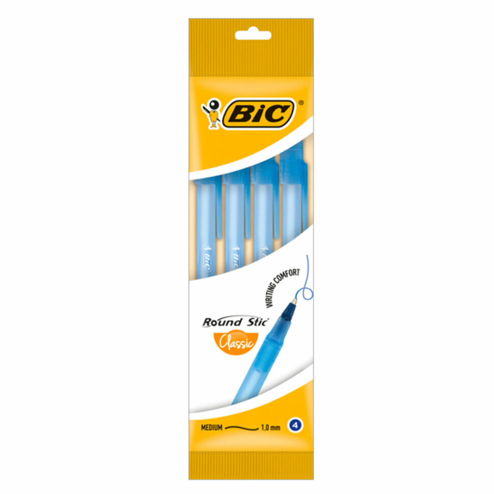 Ручки шариковые BIC "Round Stic", набор 4 шт, Синие, узел 1 мм, линия письма 0,32 мм, пакет, 944176, 143975
