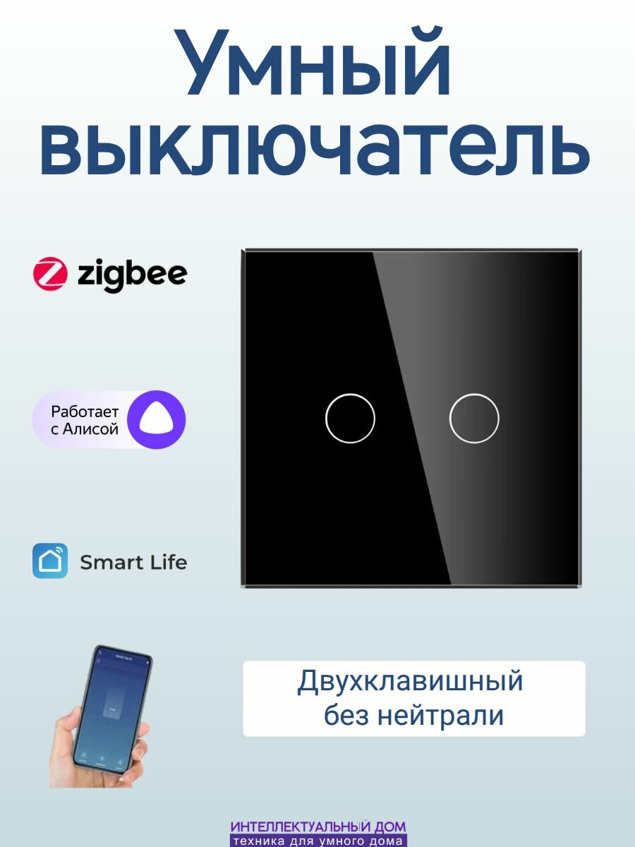 Умный ZigBee выключатель сенсорный 2-кл с Яндекс Алиса Салют черный