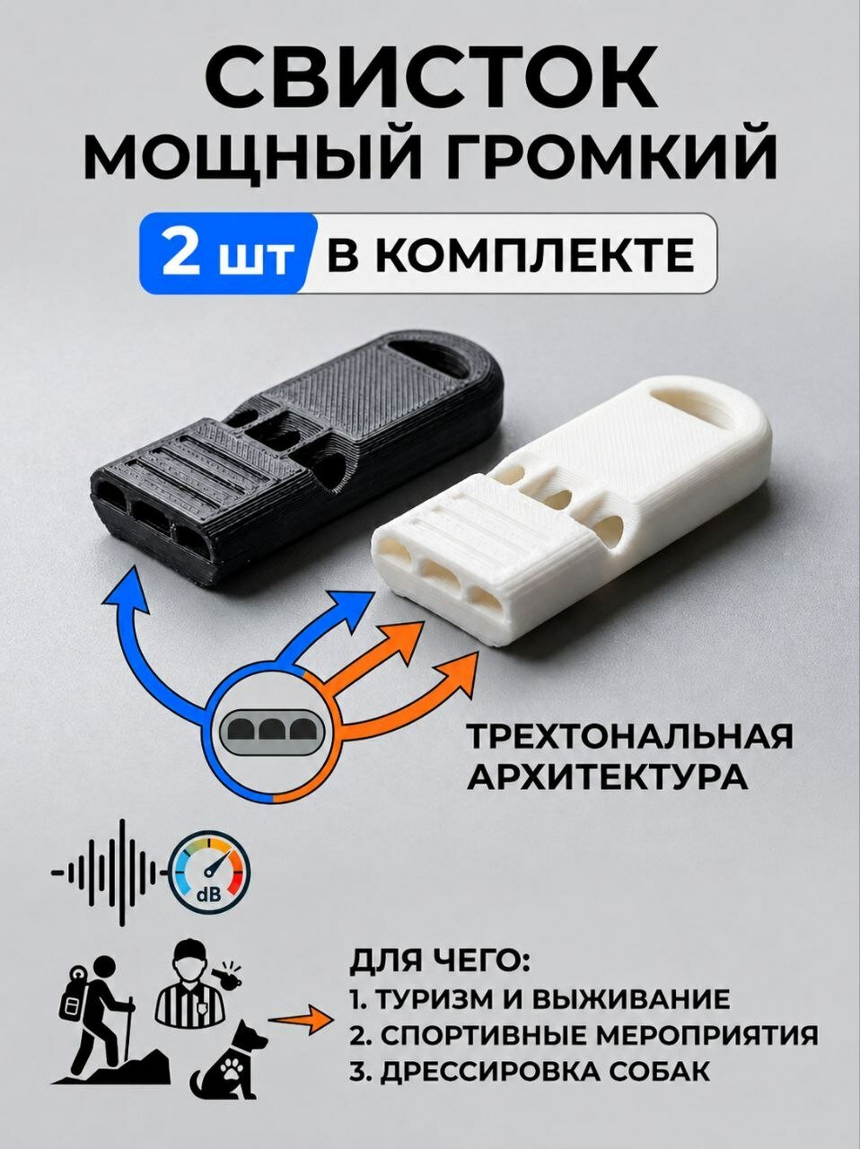 Свистки сигнальные, 2 шт, пластик, безшариковые, 3-тоновые, громкие, белые и чёрные