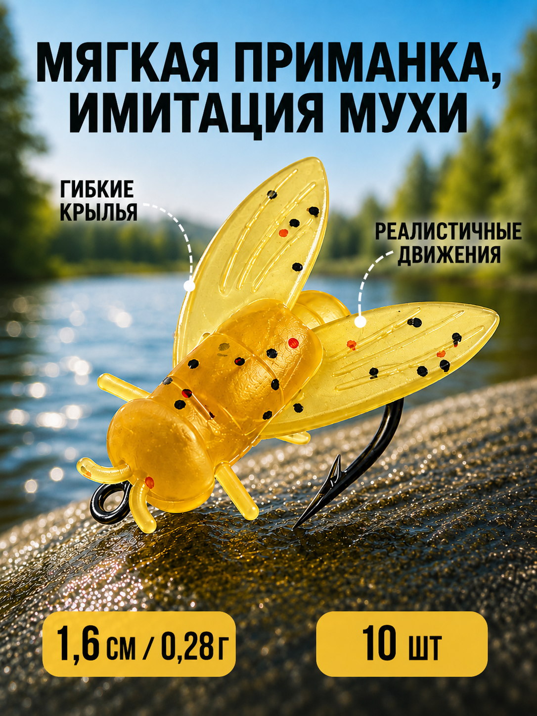 Рыболовная реалистичная, мягкая приманка Micro Bait Fly, имитация мухи, для белого карася и мандаринки 1,6 см/0,28 г, 10 шт, желтая