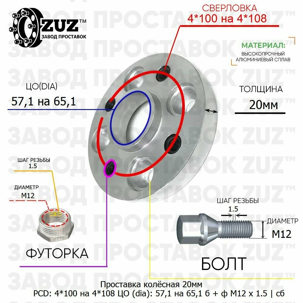 Проставка колёсная 1 шт 20мм 4*100 на 4*108 ЦО 57,1 на 65,1 Крепёж в комплекте Болт + Футорка М12*1,5 ступичная с бортиком переходная адаптер для дисков 1 шт на ступицу 4x100 на 4x108
