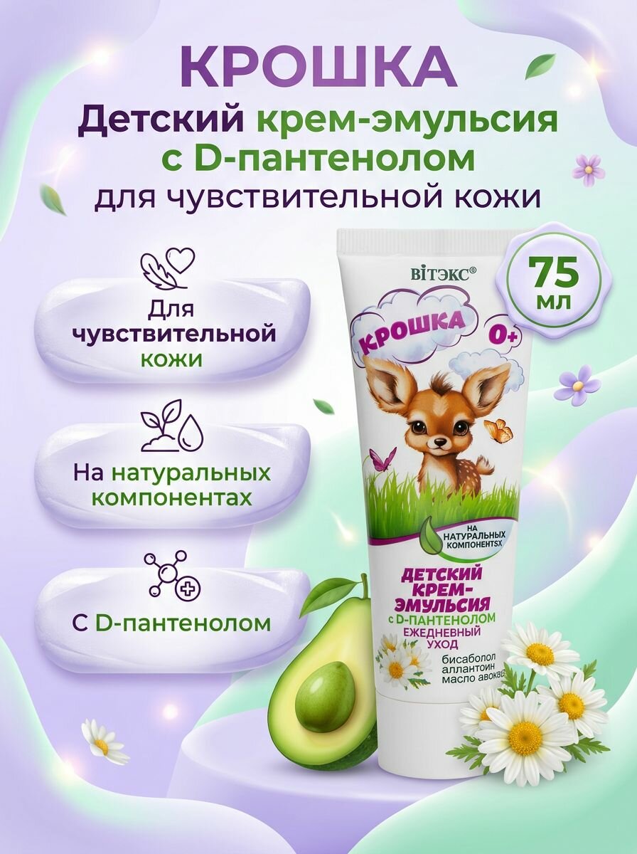 Витэкс Детский крем-эмульсия Крошка с D-пантенолом для чувствительной кожи, для новорожденных, от раздражения и сухости, 75 мл