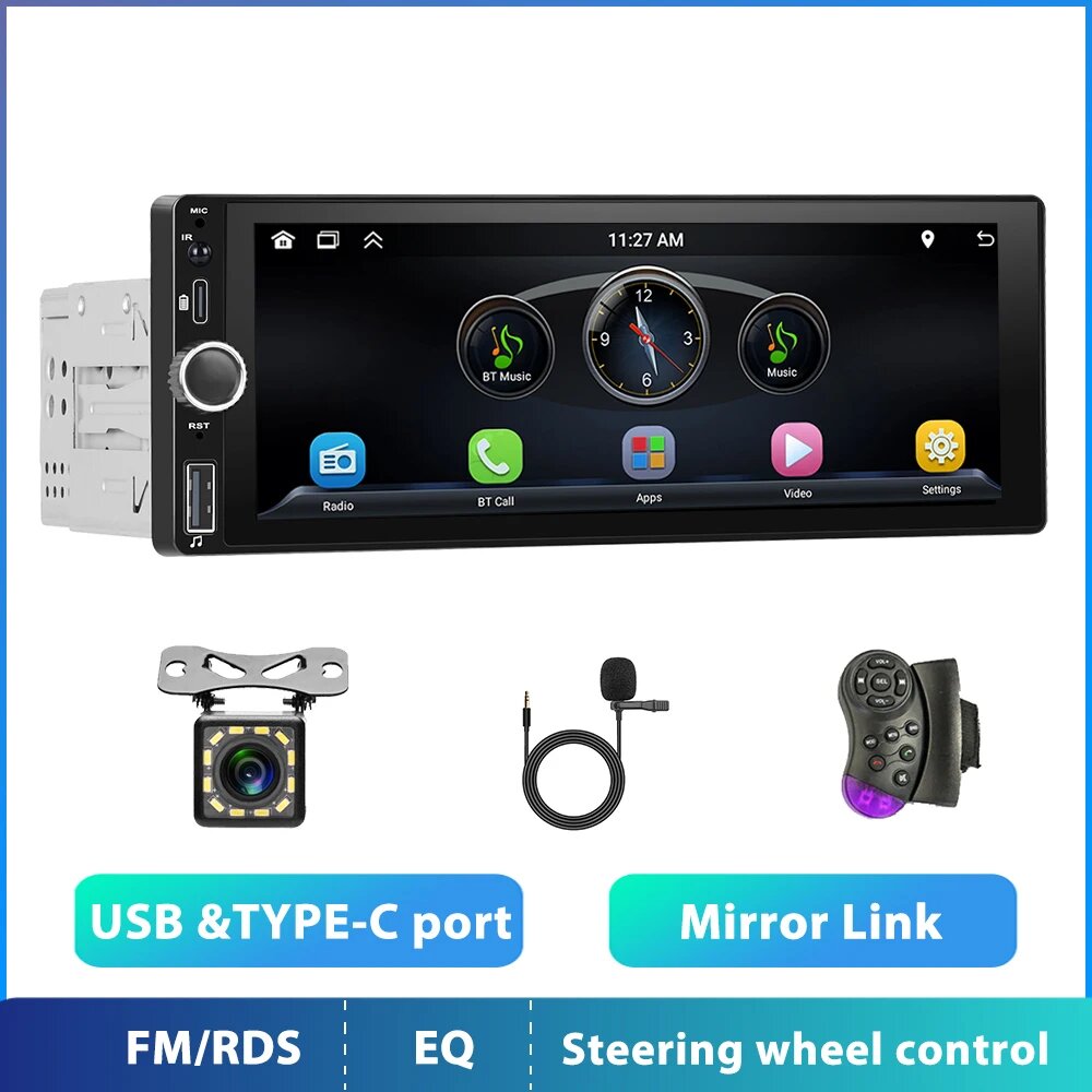 Podofo 1din беспроводной Carplay auto 6,86 "HD монитор с сенсорным экраном для with Camera