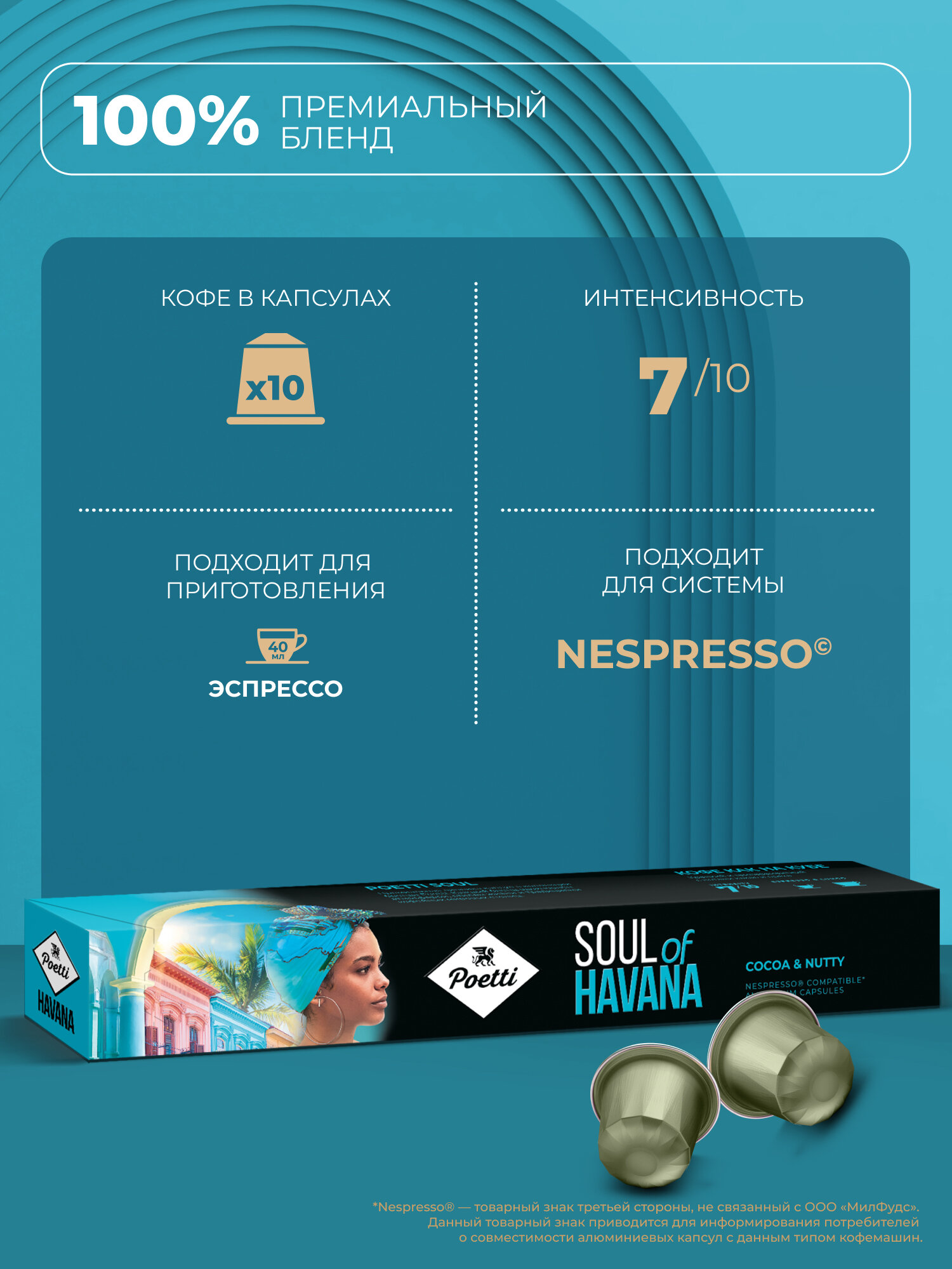 Кофе в капсулах Poetti "Soul of Havana", тубус, 10 капсул, интенсивность 7