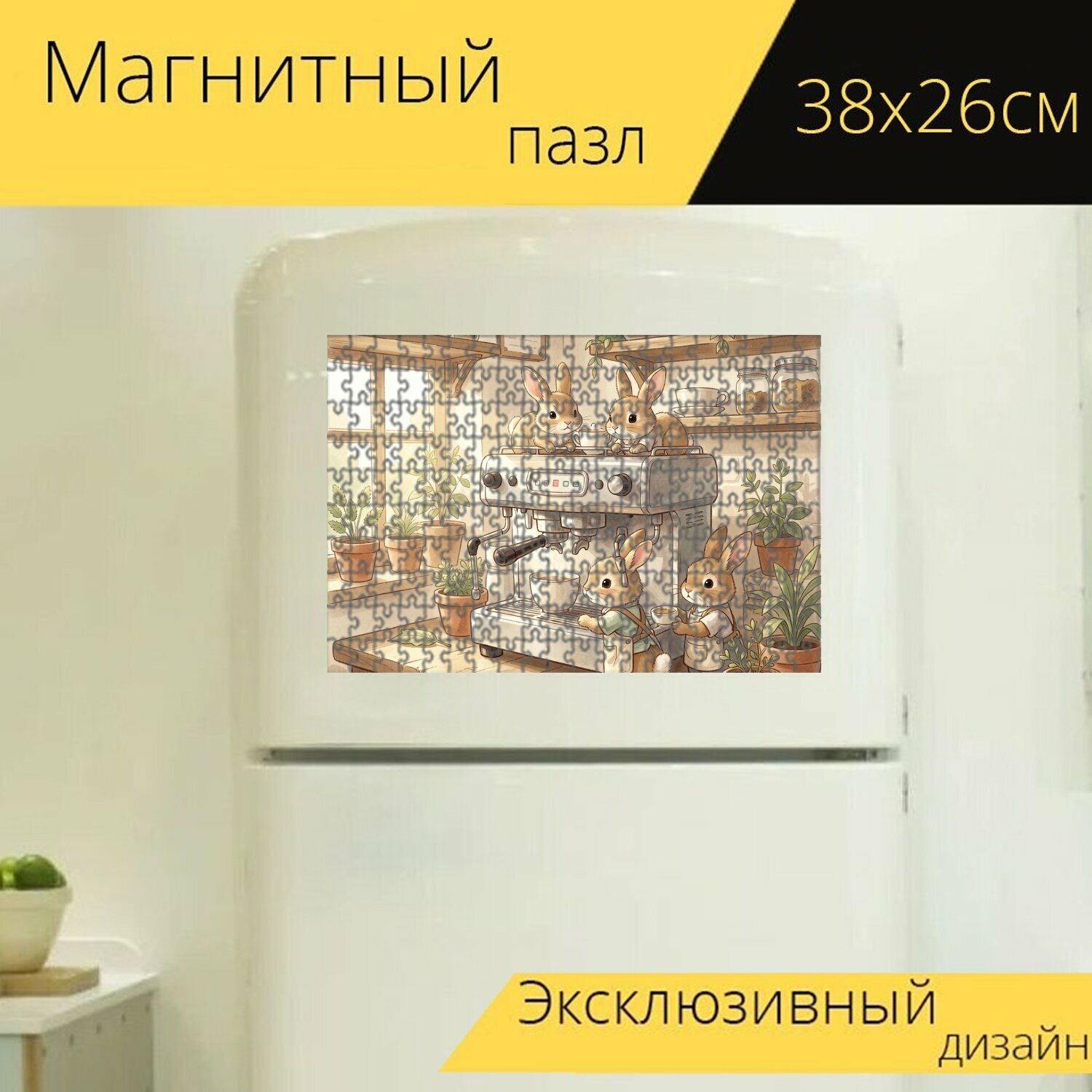 Магнитный пазл "Кролики у эспрессо-машины. Милые ушастые готовят горячий напиток у блестящего аппарата, вокруг горшки с зеленью и банки на полках. Тёплые." для интерьера, 38х26 см.