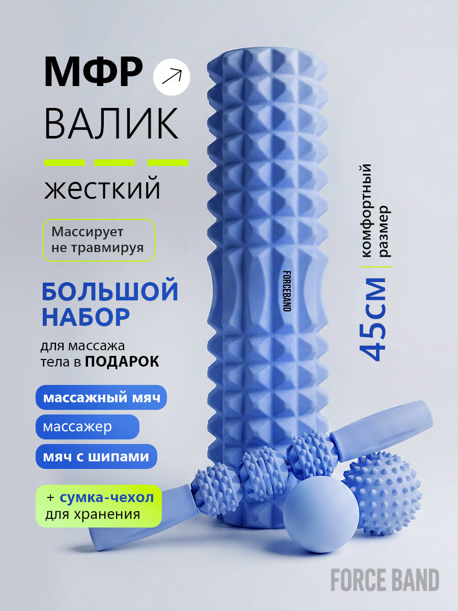 Массажный ролик 45х12 см, МФР валик для спины, жесткий, в комплекте мячик и скалка для массажа Голубой