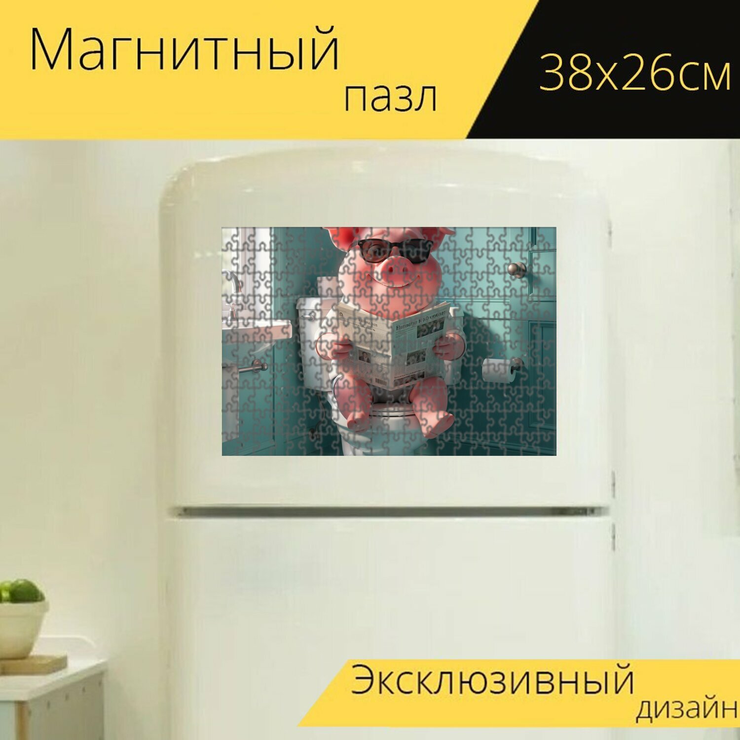 Магнитный пазл "Поросёнок с газетой и очками. Розовый 3D-герой с тёмной оправой читает печатное издание, сидя на унитазе в бирюзовой ванной; мягкий свет." для интерьера, 38х26 см.