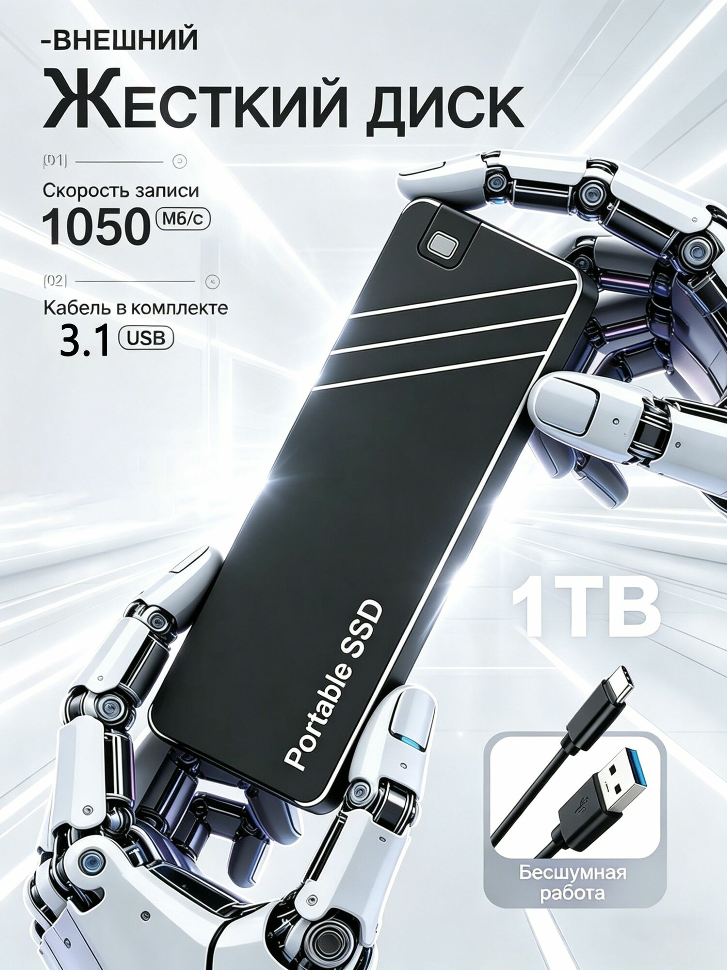 Summerdawn 1 ТБ Внешний SSD-диск (25DXW-1TB), USB 3.1, чтение - 1050 Мб/с, запись - 1050 Мб/с, Металл, черный