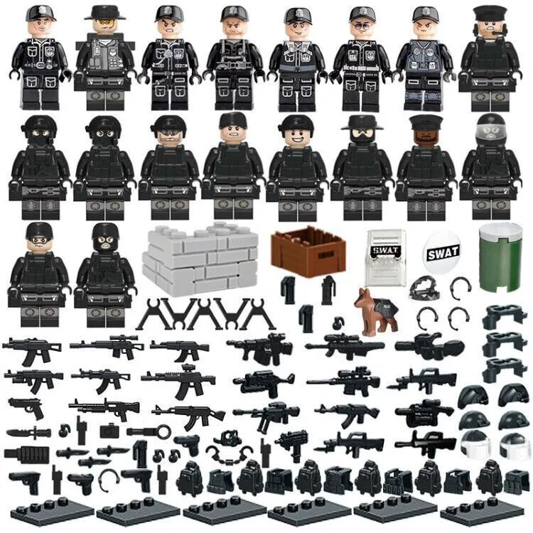 Фигурка спецназа SWAT, 18 солдат, более 90 единиц оружия, собака, аксессуары