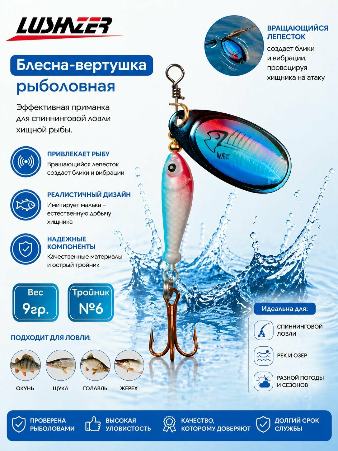 Блесна для рыбалки, 9гр, вертушка, на щуку, Блесна вращающаяся, Приманка для рыбалки