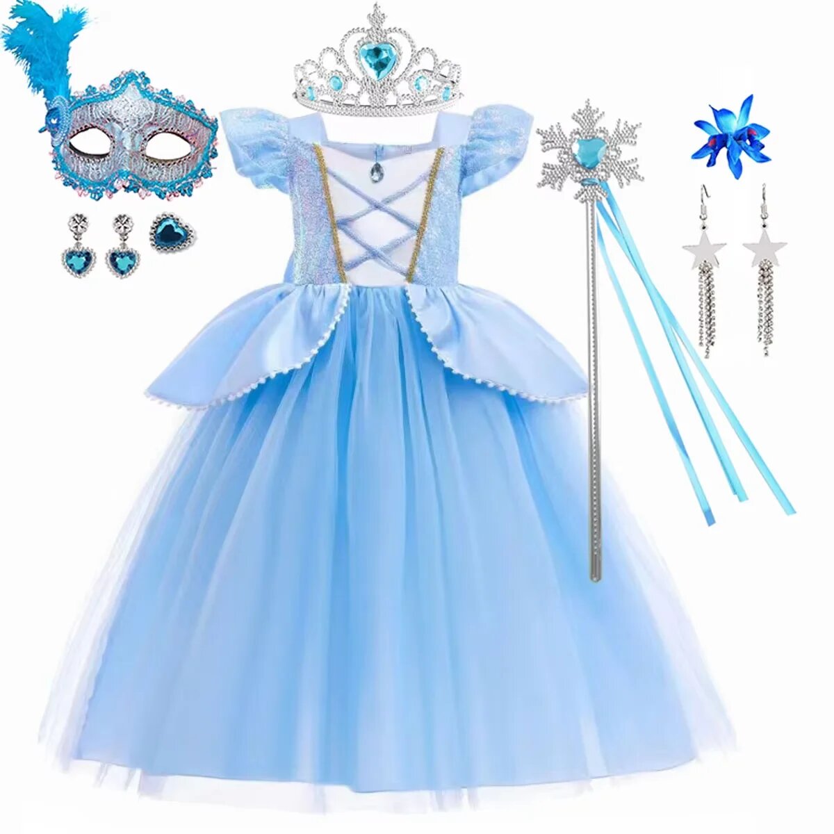 Платье принцессы Диснея синее для девочек 3T(tag 110), Cinderella Set 4