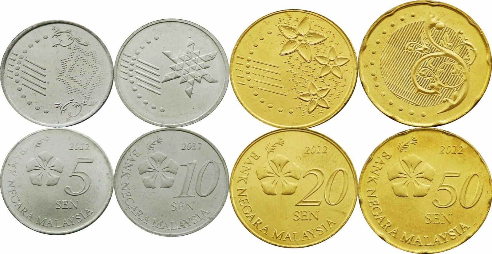 2012 4 монеты 5 10 20 50 сен Набор монет Малайзия Цветы UNC