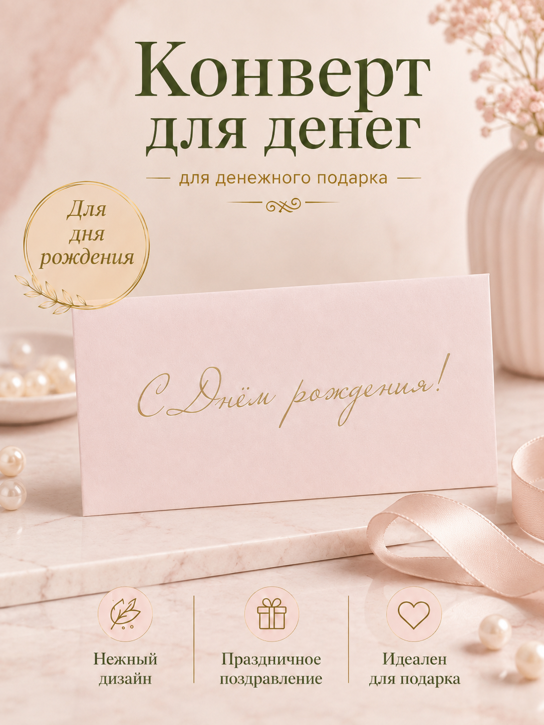 Конверт для денег HOMERAR, "С днём рождения", картон, синий, 17x8,5 см