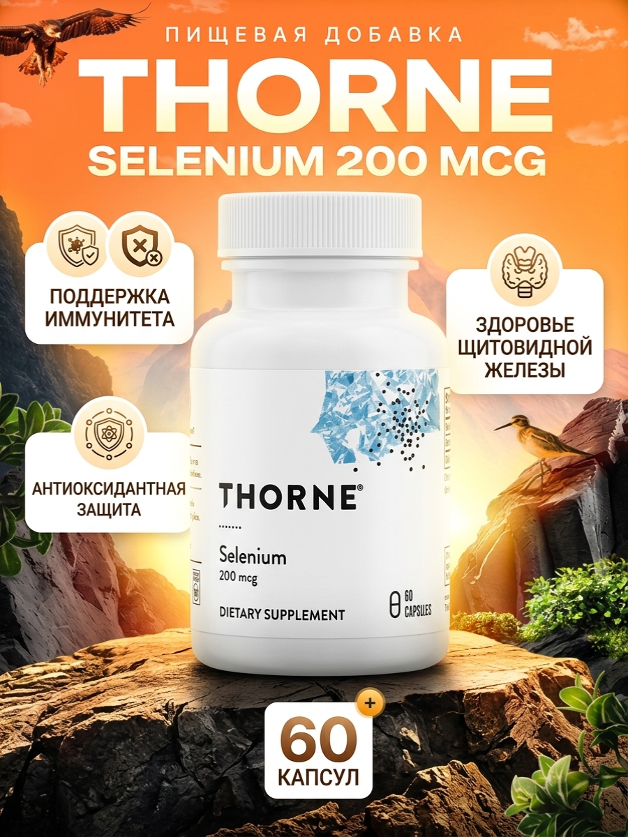 Thorne Селен, антиоксидант, поддержка щитовидной железы, 200мг, 60 капсул