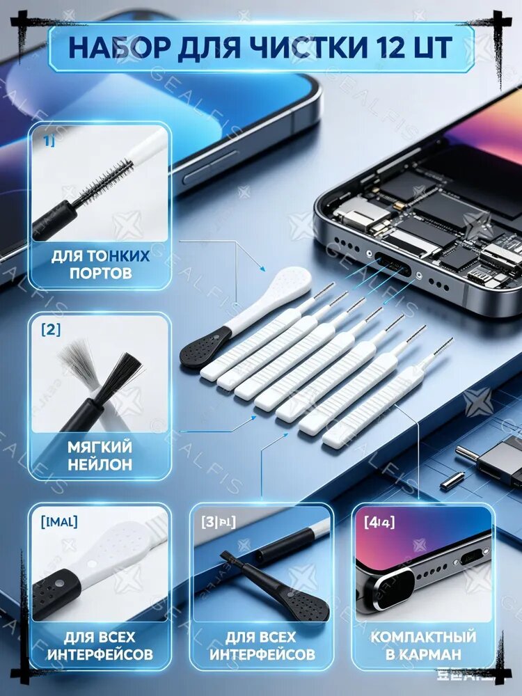 Набор щёток для чистки портов зарядки телефона, 12 шт. - для Type-C, Lightning, Micro-USB, мягкий нейлон, не царапает контакты, для телефонов, наушников и планшетов, компактный, с нескользящей ручкой