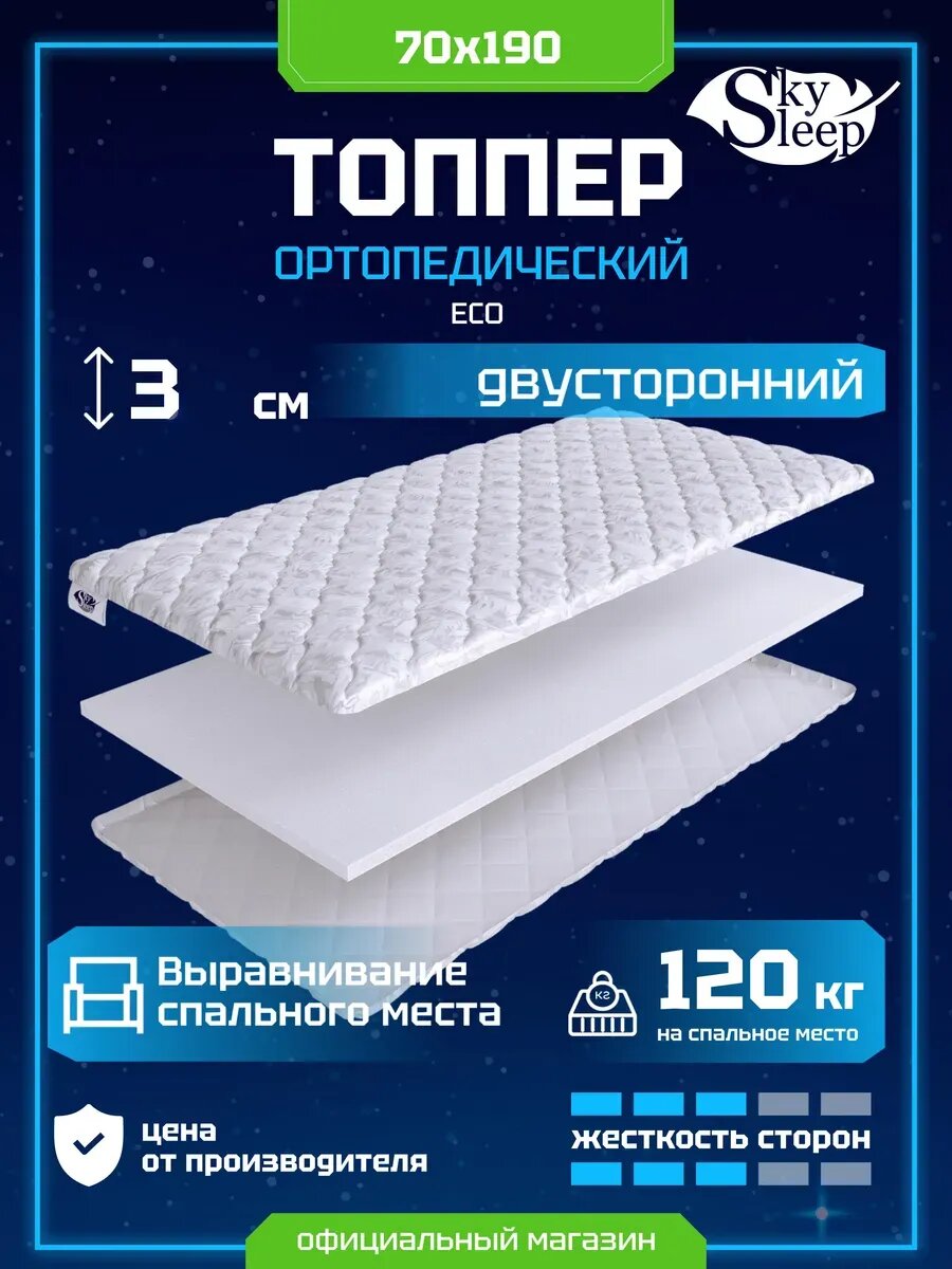 Топпер 70×190 см SkySleep Eco, матрас на диван, односпальный, холлофайбер, беспружинный